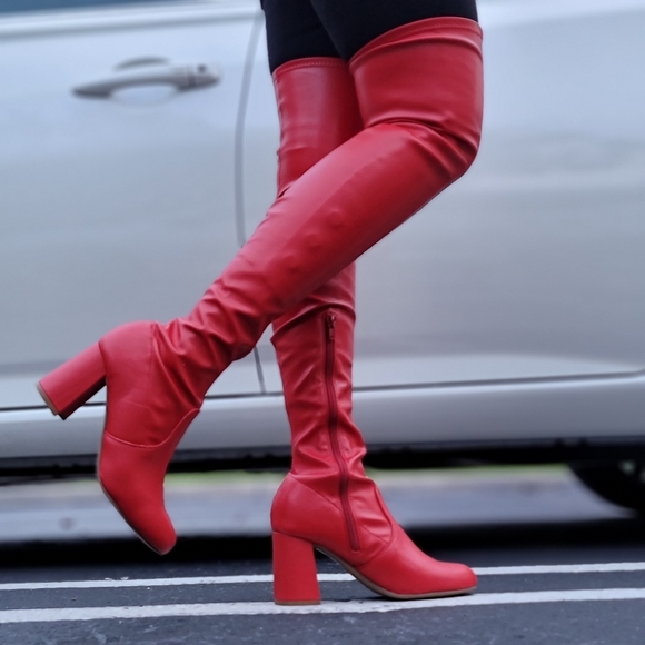 Shoes | Womens Red Thigh High Over The Knee Boots Chunky Heel | Poshmark